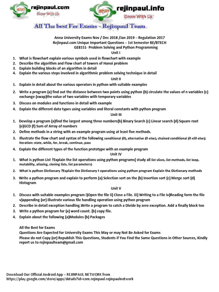 Ge8151 PSPP Jan 2019 Rejinpaul PDF | PDF | Python (Programming Language) | Algorithms