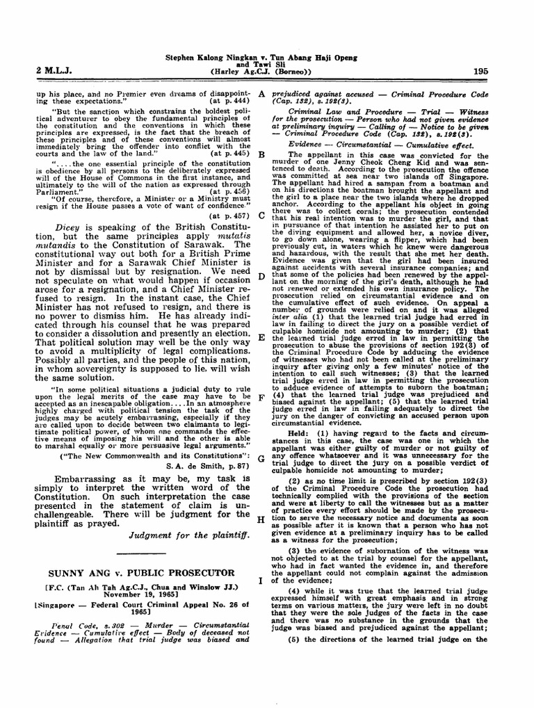 Sunny Ang V Public Prosecutor - (1966) 2 MLJ | PDF