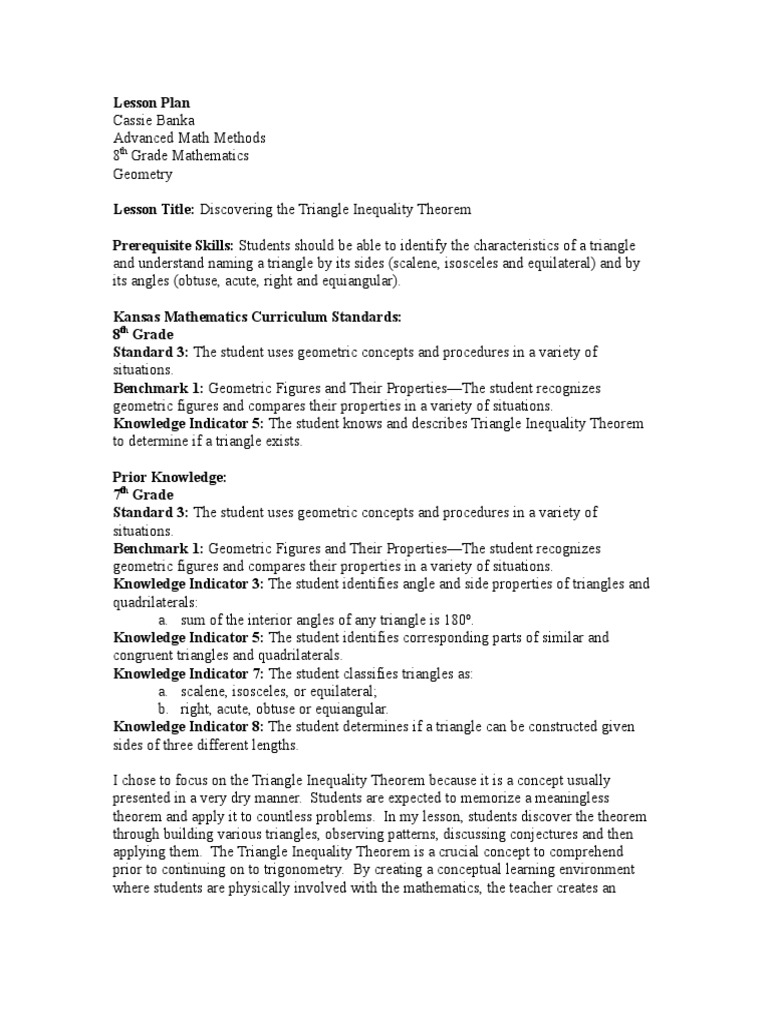 Triangle Inequality Theorem Lesson Plan | PDF | Triangle | Geometry