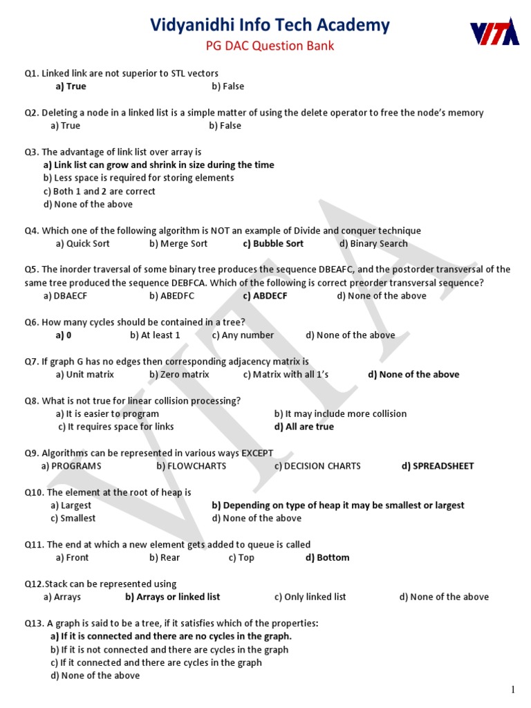 Vidyanidhi Info Tech Academy Pg Dac Question Bank Pdf C Programming Language Queue