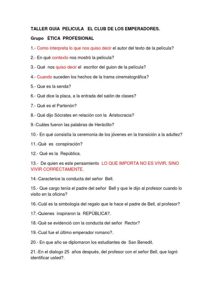 Taller Guia Pelicula El Club de Los Emperadores.2017 | PDF