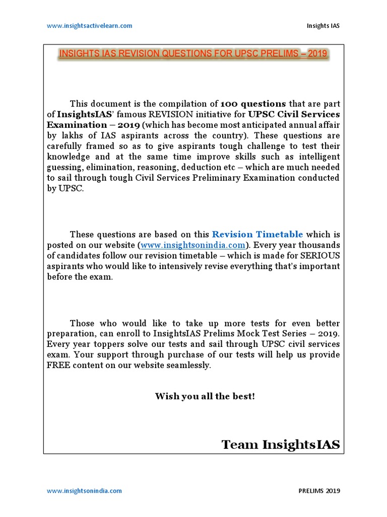 Insights Ias Revision Questions For Upsc Prelims - 2019 | Download Free ...