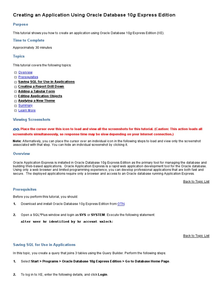 Creating An Application Using Oracle Database 10g Express Edition Pdf Oracle Database