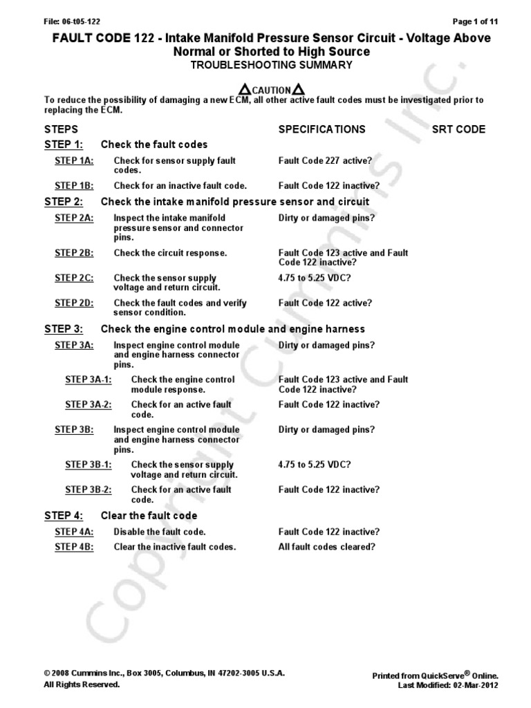 FAULT CODE 122 - Intake Manifold Pressure Sensor Circuit - Voltage ...