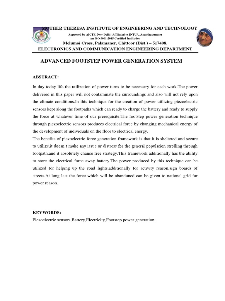 Advanced Footstep Power Generation System: Mother Theresa Institute of ...