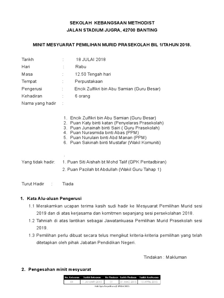 Minit Mesyuarat Pemilihan Murid Prasekolah | PDF