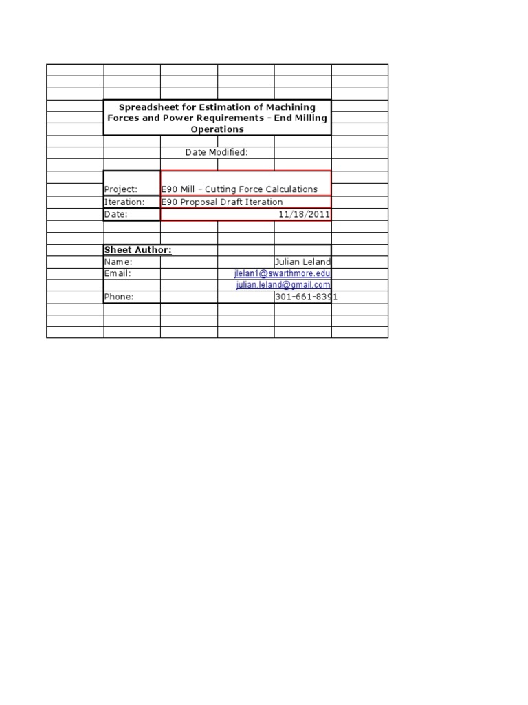 Spreadsheet For Estimation of Machining Forces and Power Requirements ...