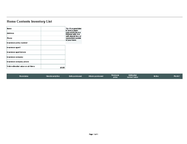 Home Contents Inventory Template | PDF