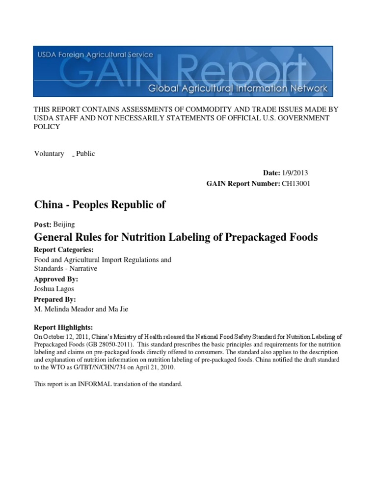 General Rules For Nutrition Labeling of Prepackaged Foods - Beijing ...