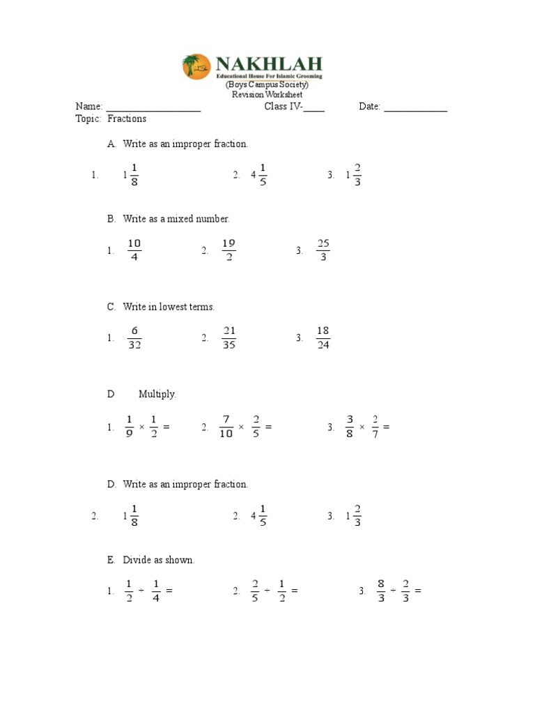 Worksheet of Fractions | PDF