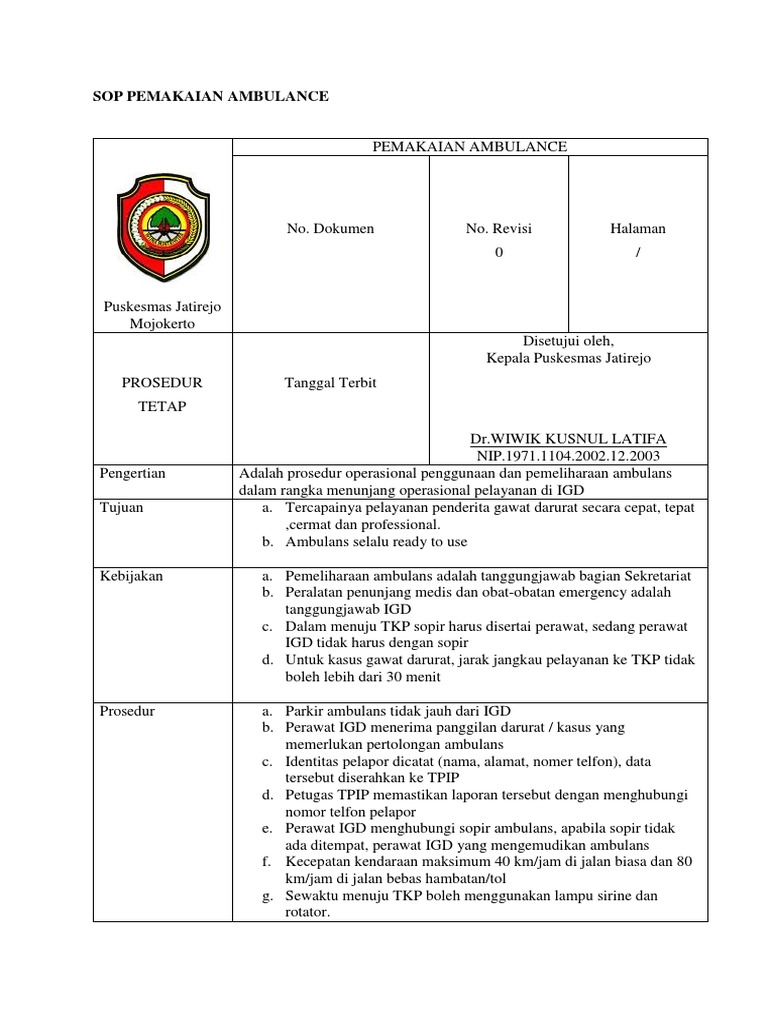 Sop Pemakaian Ambulance | PDF
