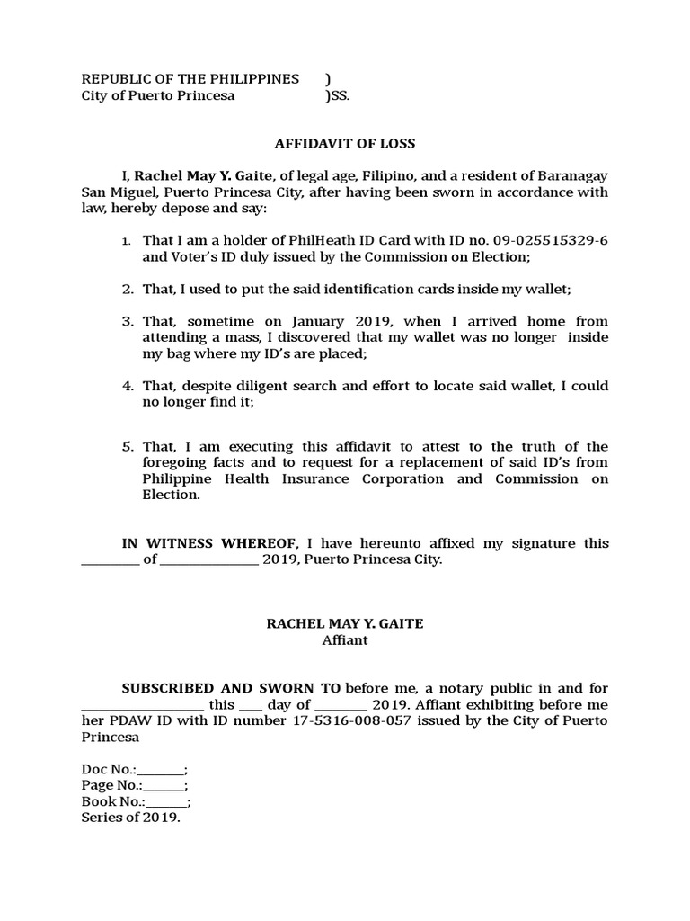 Affidavit of Loss of Identification Card | PDF | Affidavit | Identity ...