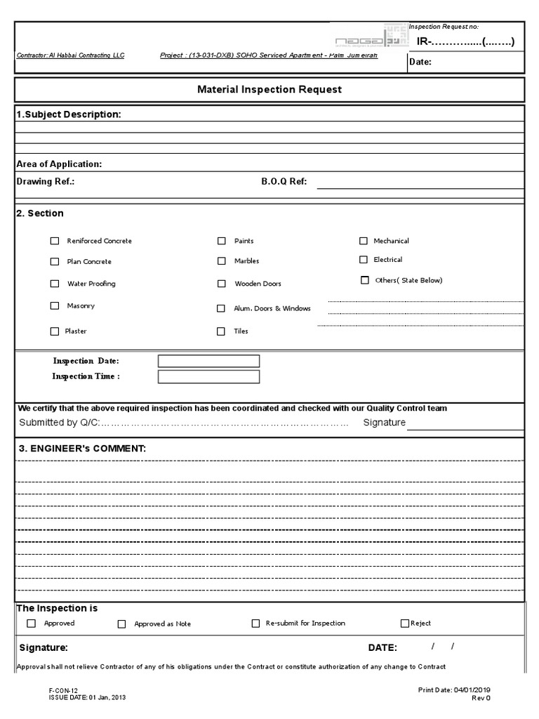 12-1 Material Inspection Request | PDF