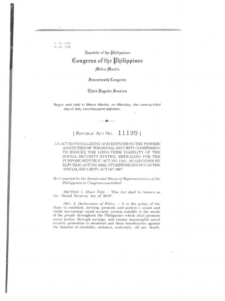 RA 11199 Social Security Act of 2018 PDF | PDF