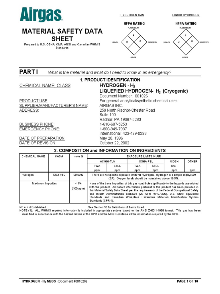 MSDS H2 PDF | Download Free PDF | Explosion | Dangerous Goods