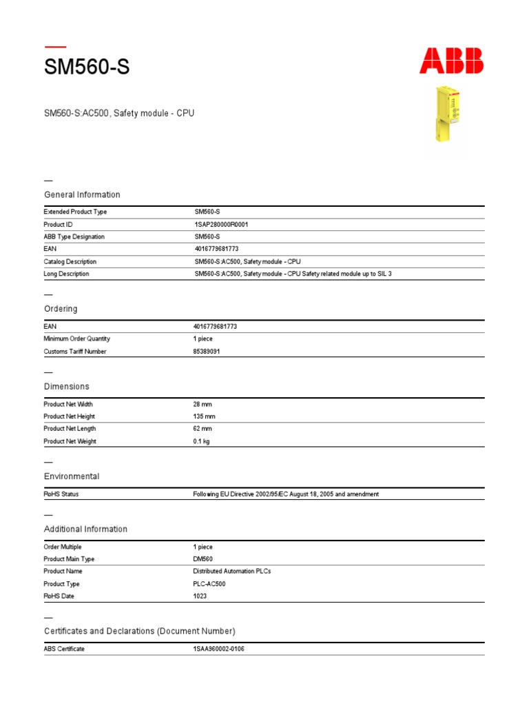 1SAP280000R0001 Sm560 Sac500 Safety Module Cpu | PDF | Programmable Logic Controller | Control ...
