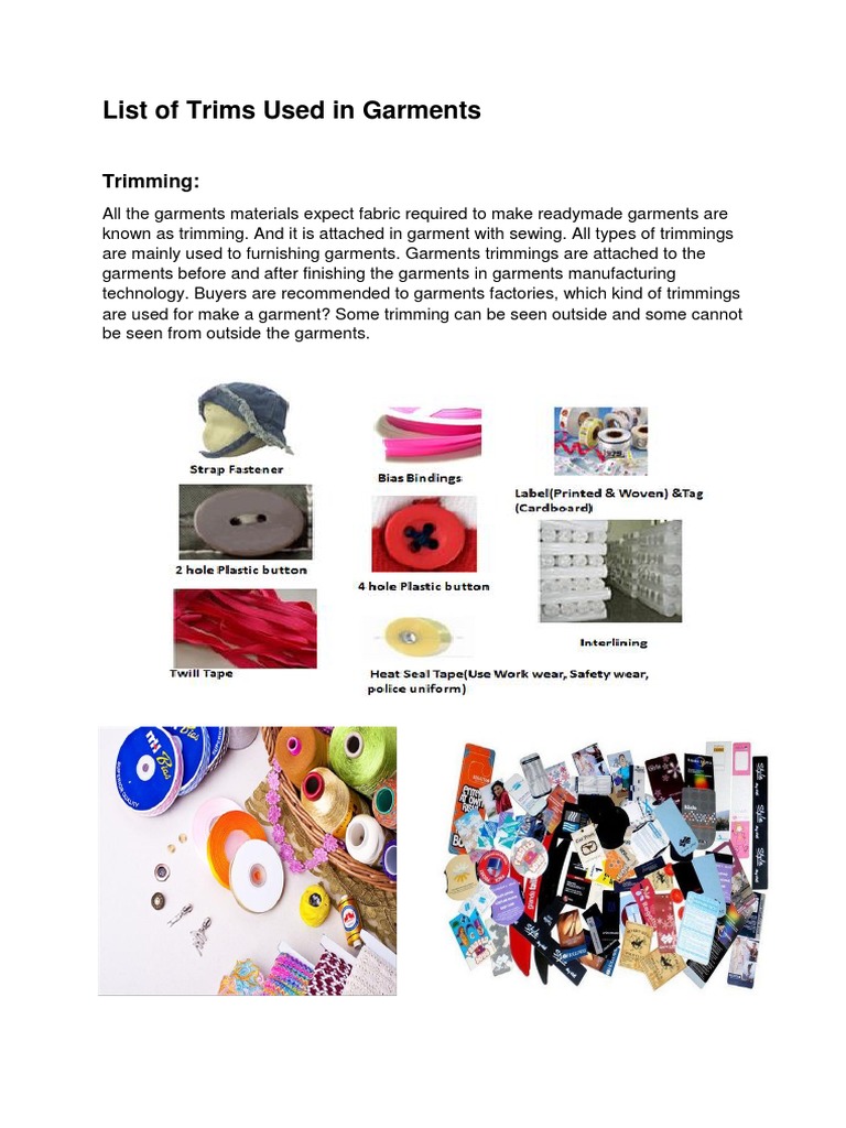 List of Trims Used in Garments: Trimming | PDF | Clothing | Textiles