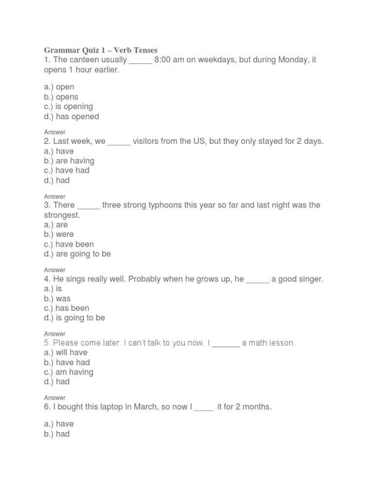 Grammar Quiz 1 - Verb Tenses: Answer | PDF | Grammar | Morphology