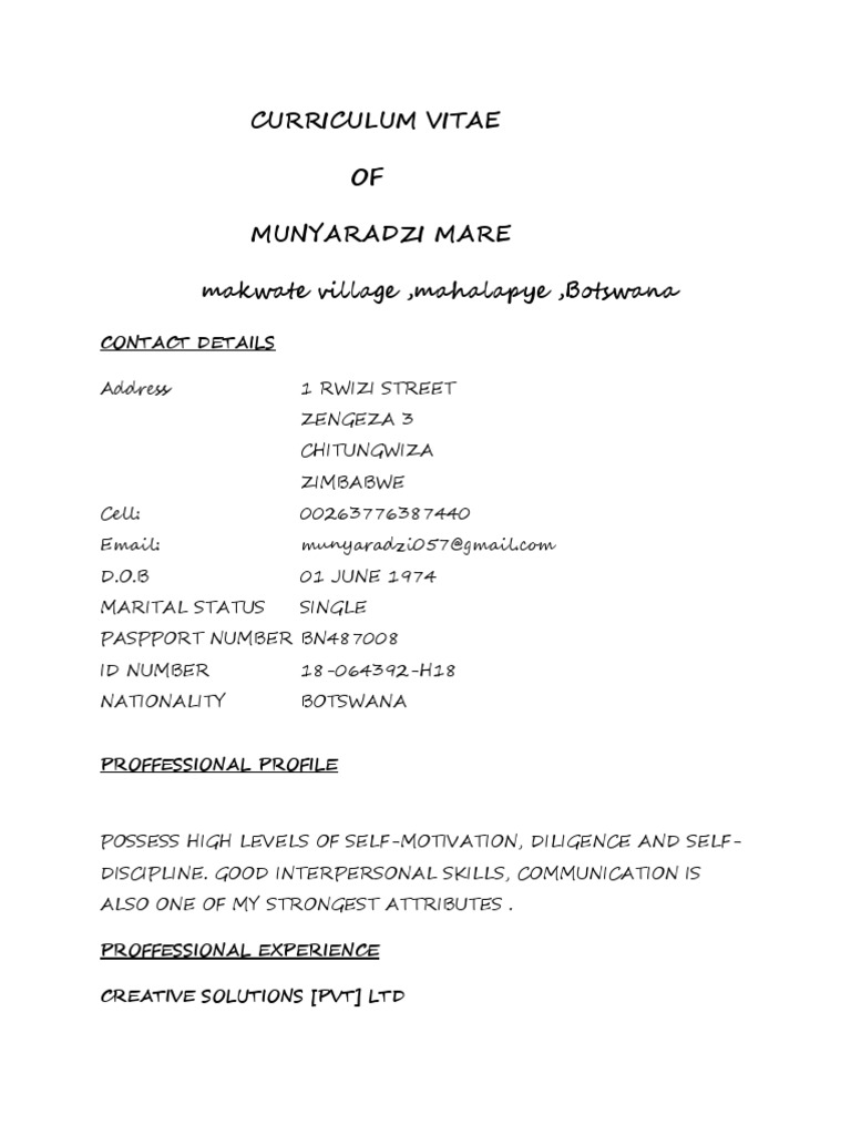Curriculum Vitae OF Munyaradzi Mare Makwate Village, Mahalapye ...