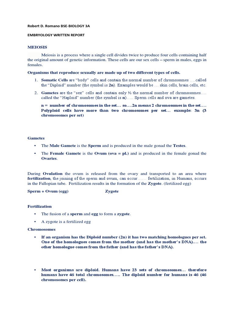 Robert D. Romano BSE-BIOLOGY 3A Embryology Written Report | PDF ...