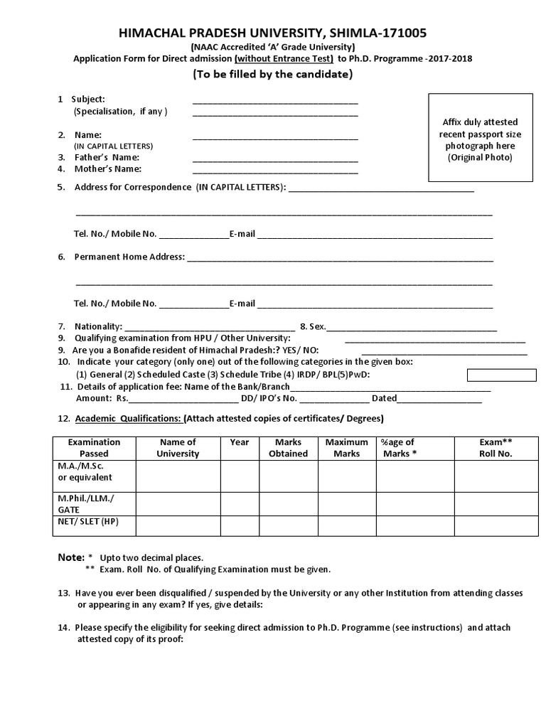 HPU Ph.D. Application Form for Direct Admission 2017-18 | PDF ...