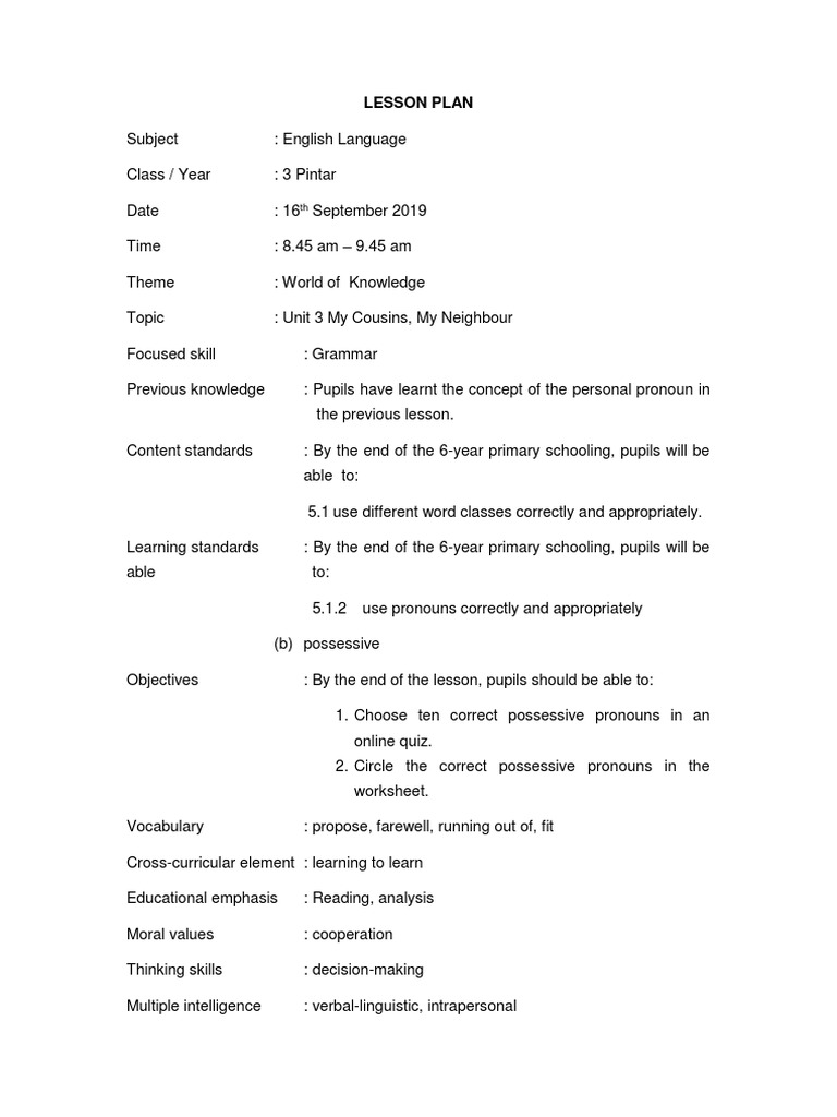LP Possessive Pronoun | PDF | Teachers | Lesson Plan