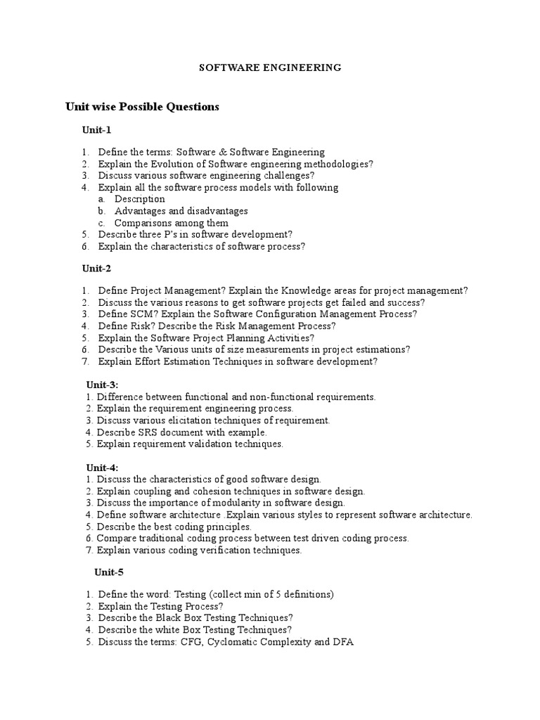 Unit Wise Possible Questions: Software Engineering | PDF