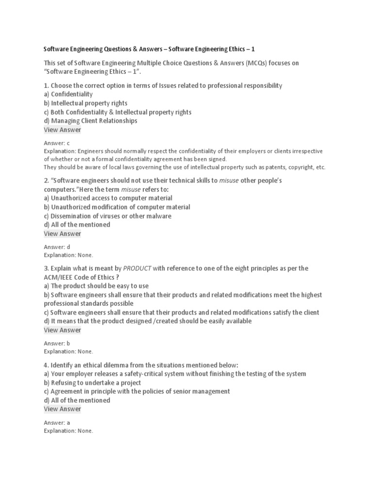 Software Engineering Questions & Answers - Software Engineering Ethics - 1 | PDF | Software ...