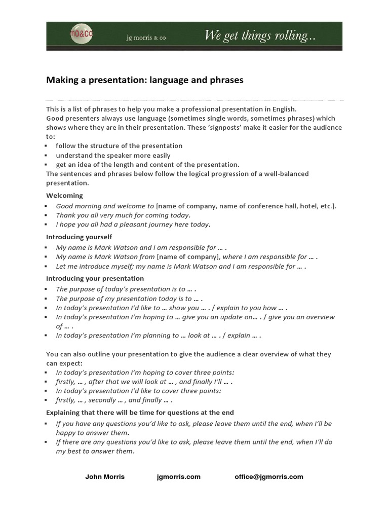 Making A Presentation: Language and Phrases: Welcoming | PDF | Human ...