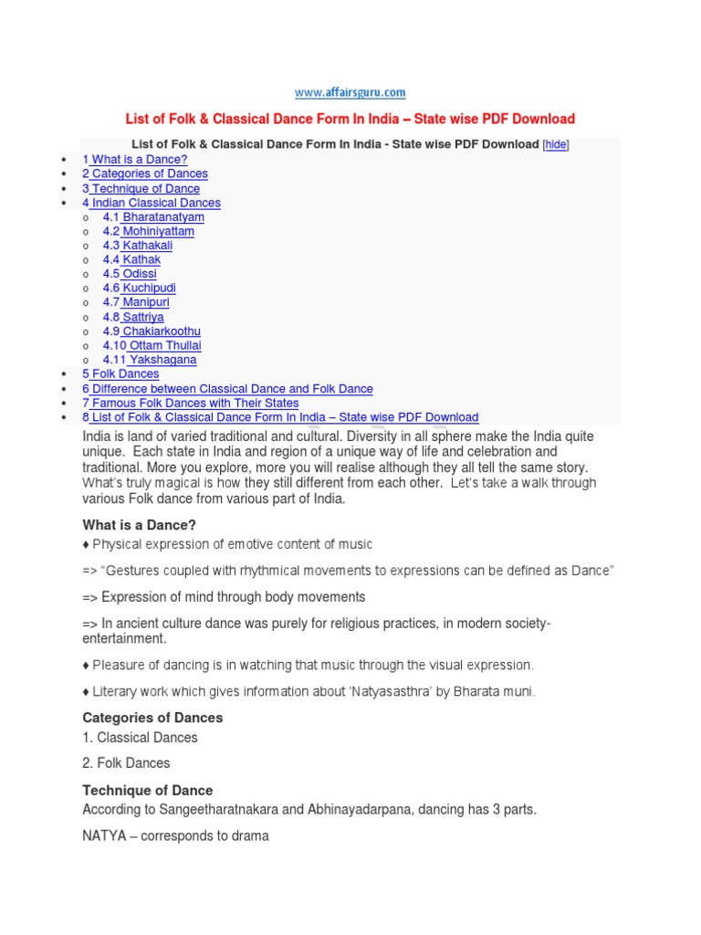 List of Folk & Classical Dance Form in India - State Wise PDF Download ...