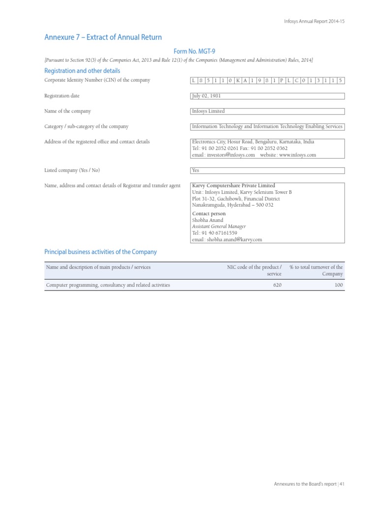 Annexure 7 - Extract of Annual Return: Form No. MGT-9 Registration and ...
