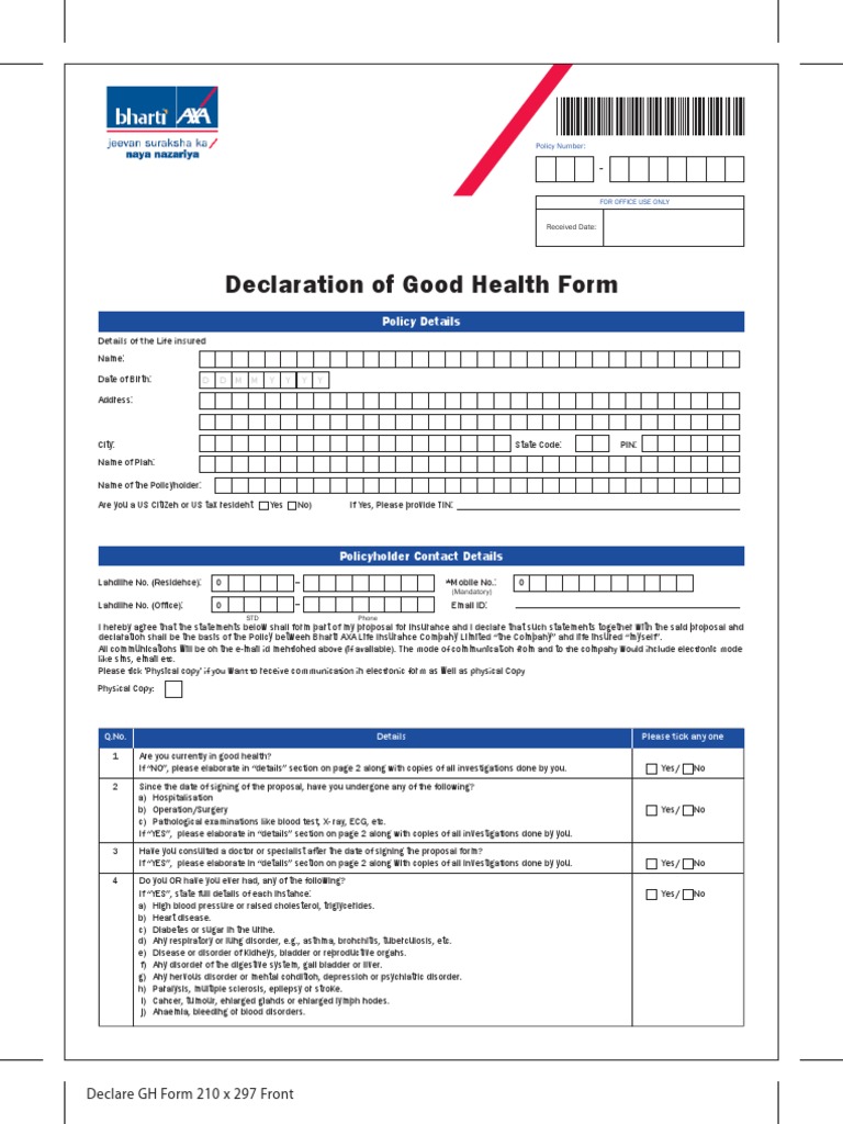 Good Health Declaration Form | PDF | Insurance | Life Insurance