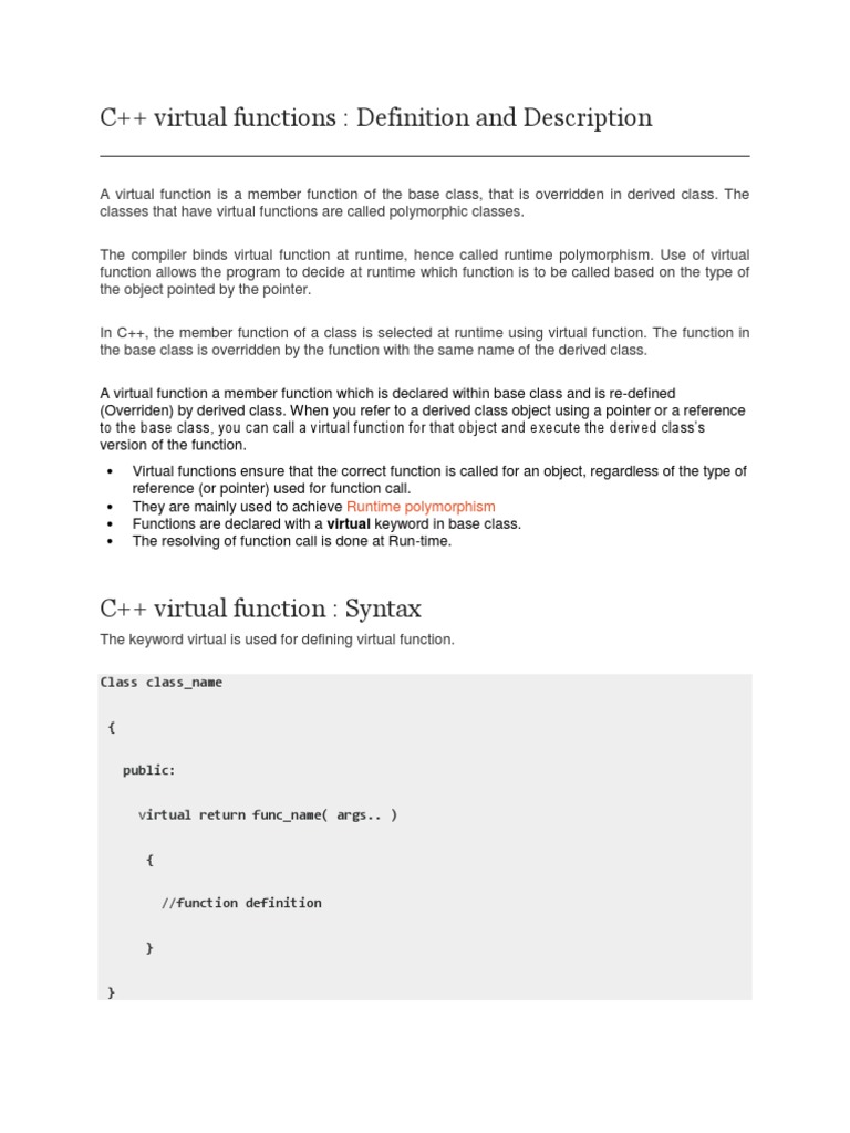 C++ Virtual Functions: Definition and Description: Runtime Polymorphism | Download Free PDF ...