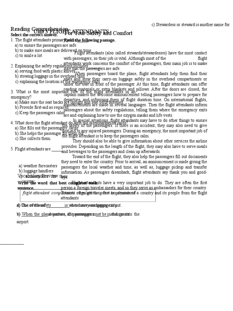 Unit 3 Flight Attendants For Your Safety and Comfort Reading ...