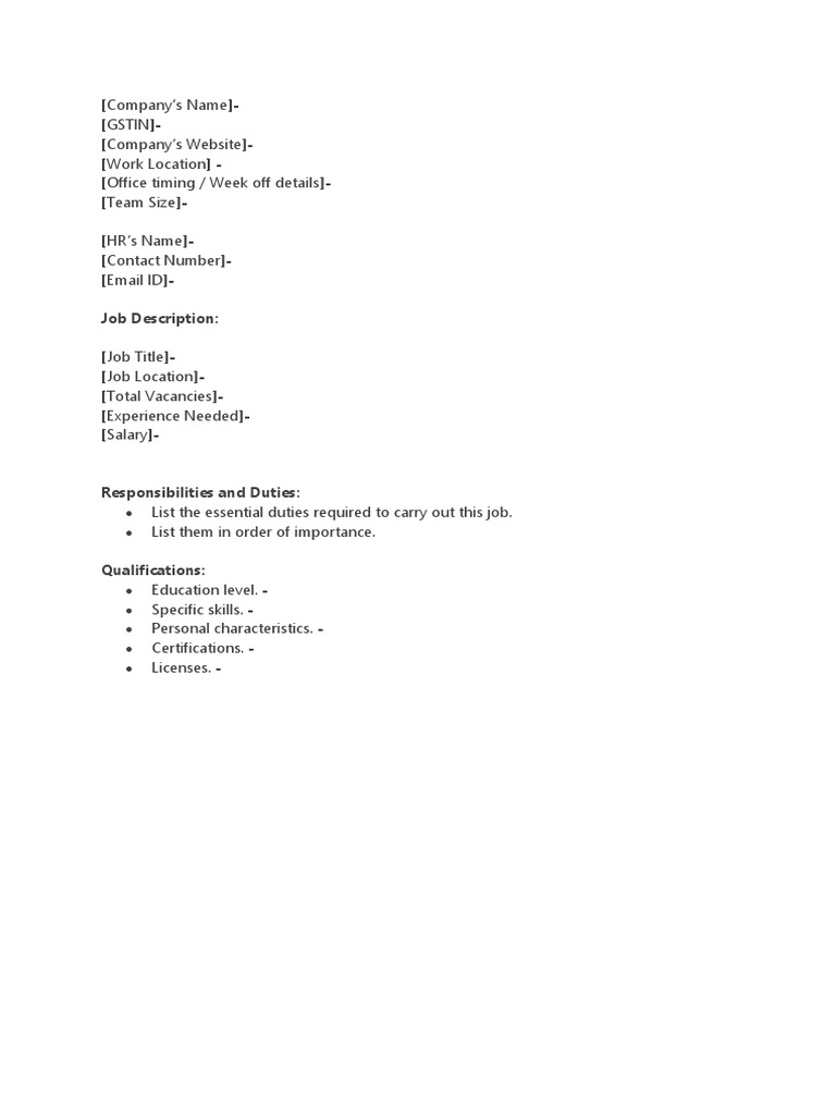 JD Format | PDF | Employment | Labour