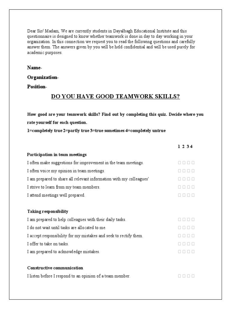Teamwork Questionnaire | PDF | Psychology | Human Communication