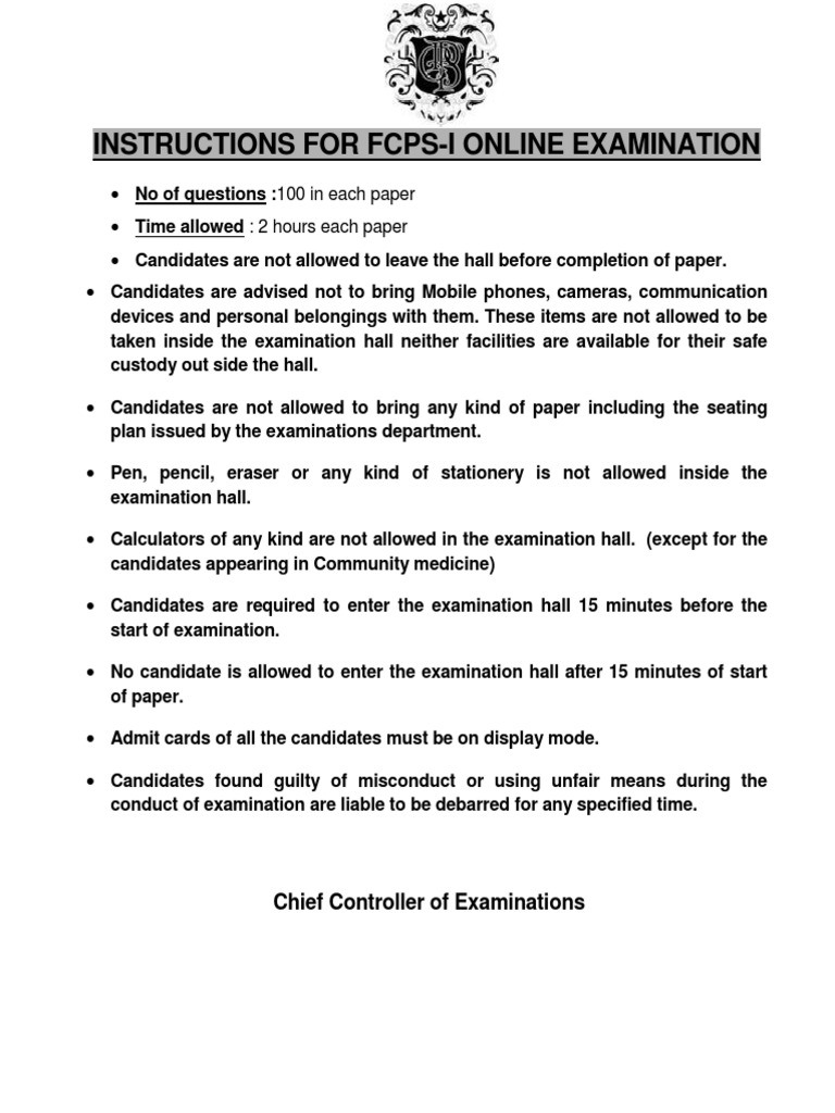 Instructions For Fcps-I Online Examination: Chief Controller of ...