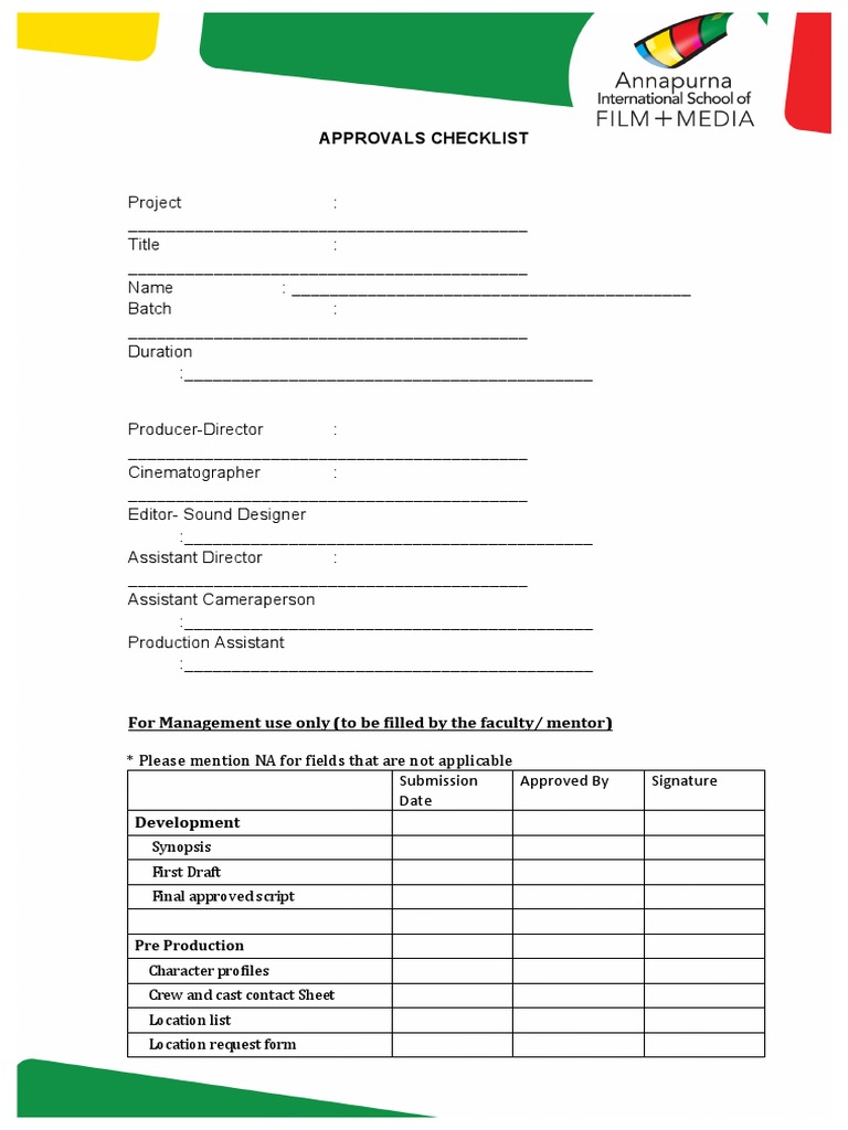 Approvals Checklist: Synopsis First Draft Final Approved Script | PDF