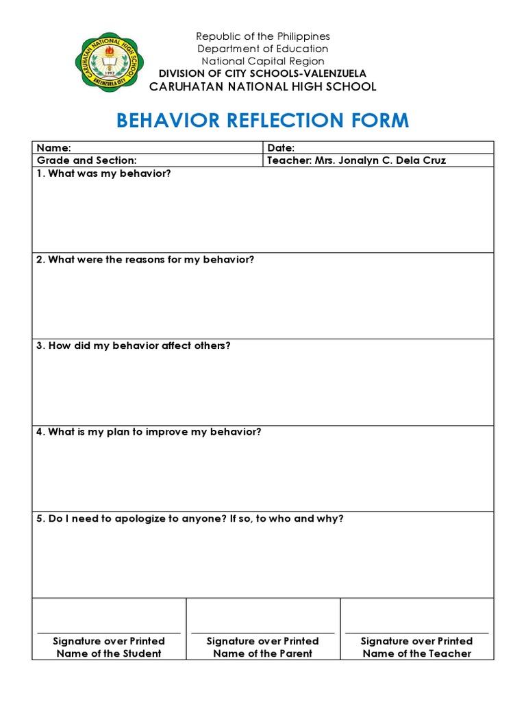 High School Behavior Reflection Form | PDF | Career & Growth | Wellness