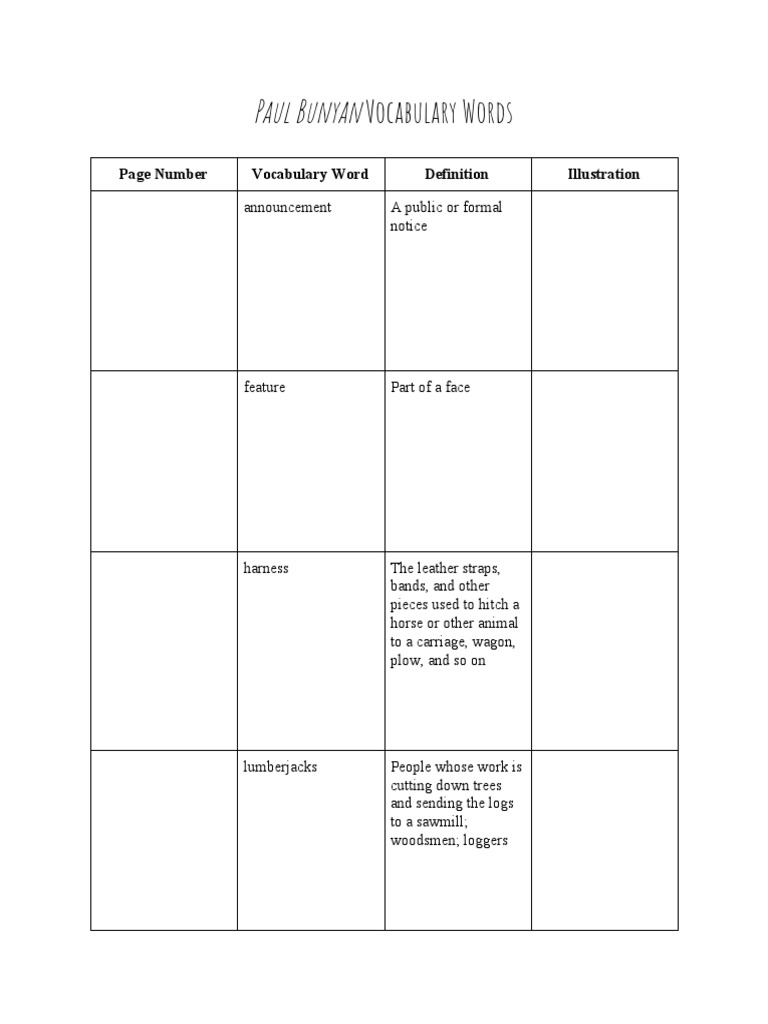 Paul Bunyan Vocabulary Guide | PDF