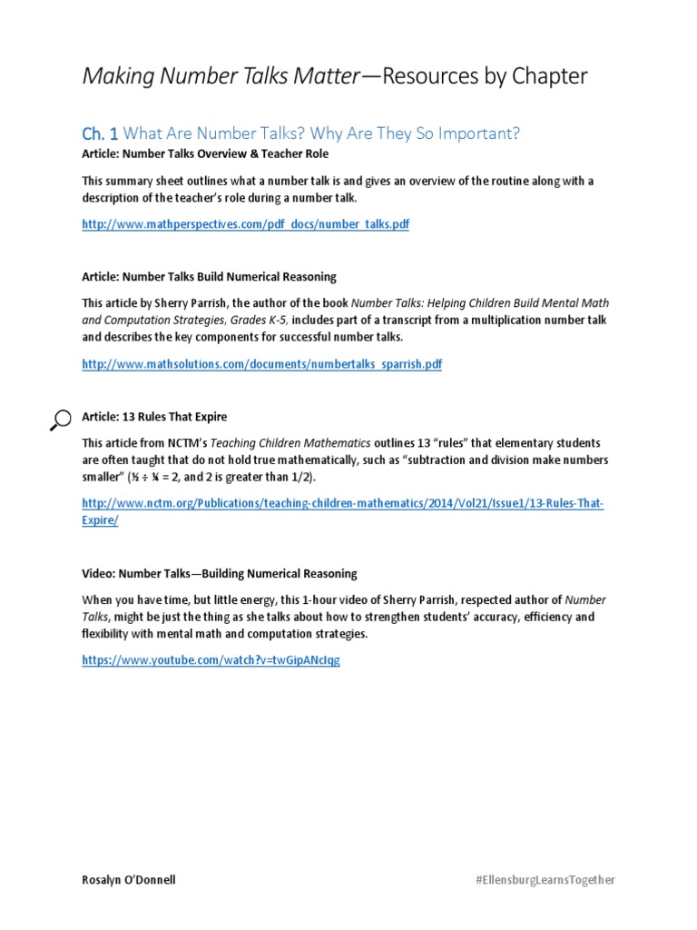 Making Number Talks Matter-Resources by Chapter: Ch. 1 What Are Number ...