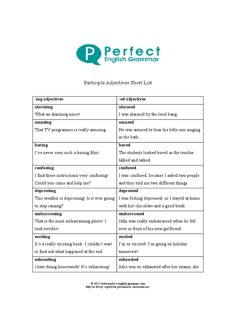 Participle Adjectives Short List PDF | PDF