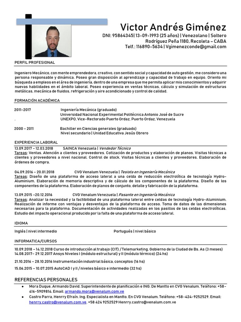 Gimenez, Victor CV | PDF | Ingeniería | Venezuela