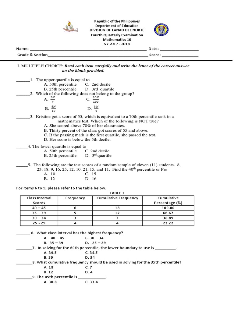 Math 10 Quarter 4 | PDF | Percentile | Median