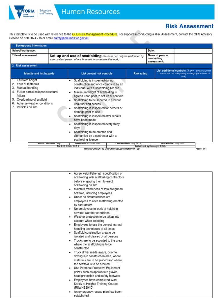 Scaffolding Risk Assessment Guide | PDF | Occupational Safety And ...