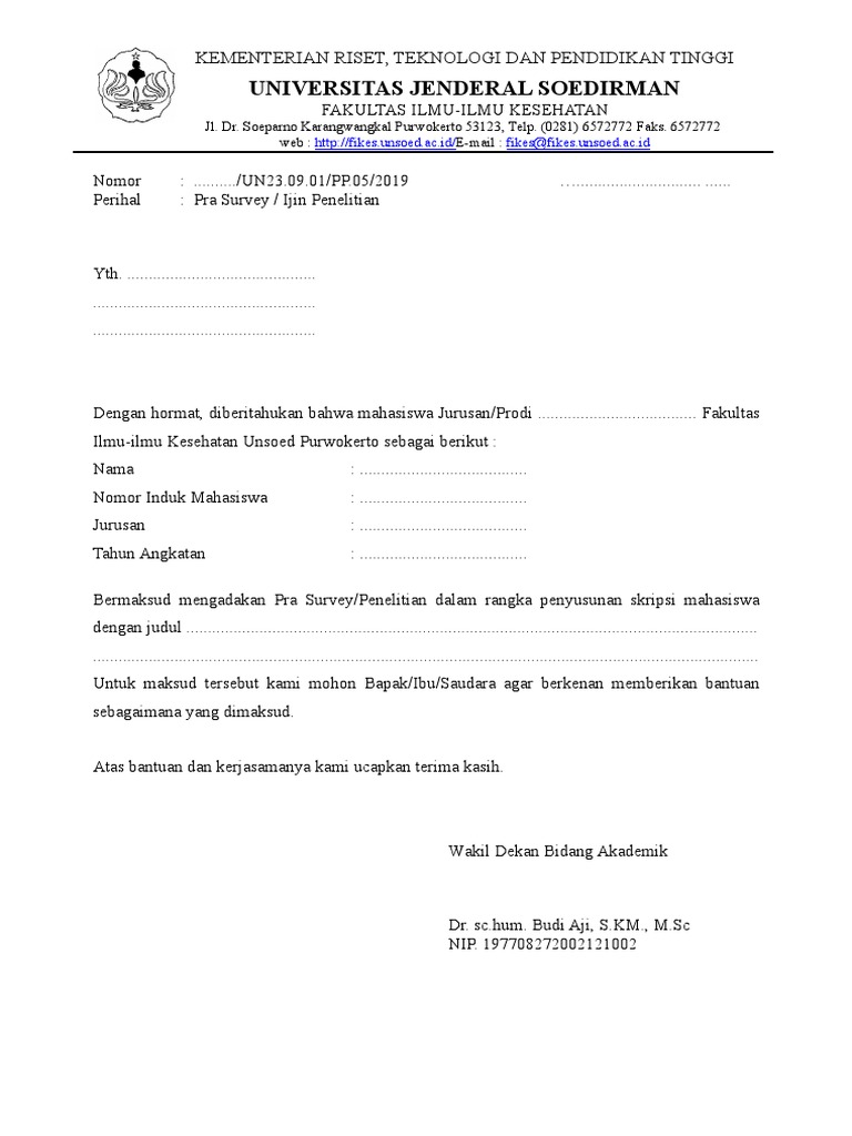 Surat Izin Pra Survey Penelitian Skripsi | PDF