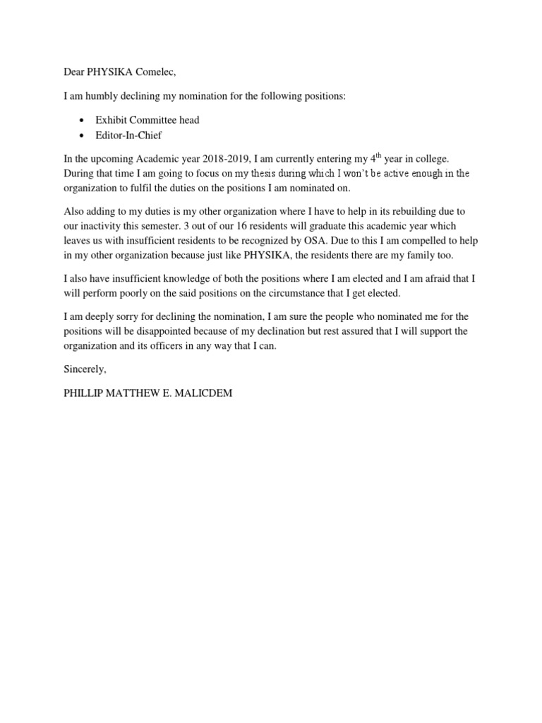 Declination Letter Phillip Malicdem | PDF