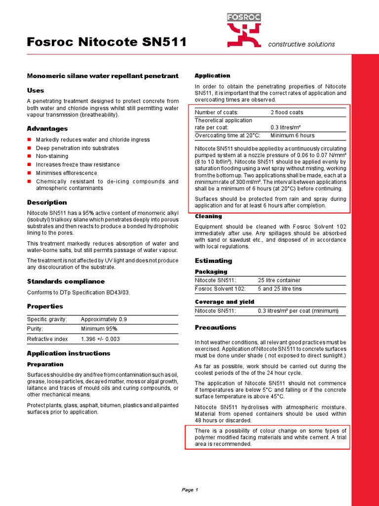 Nitocote SN511 | PDF | Asphalt | Concrete