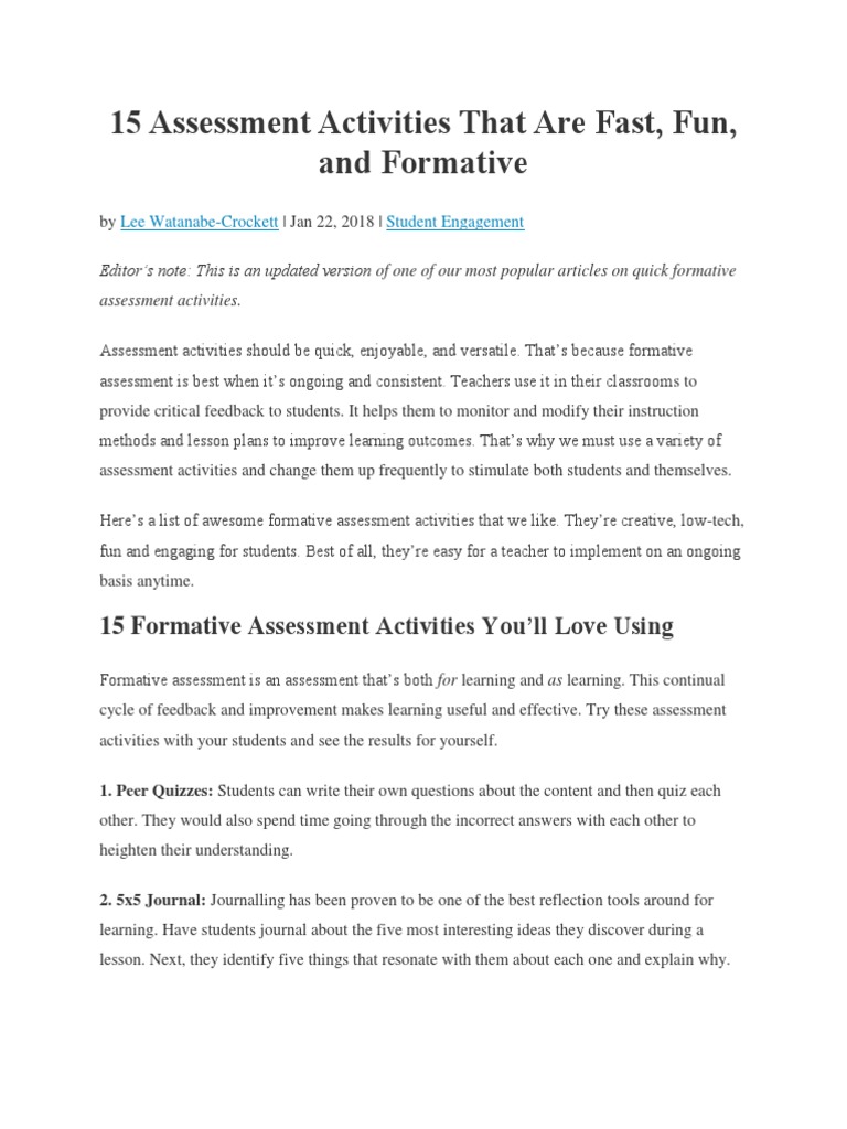 Fun and Fast Formative Assessment Ideas | PDF | Educational Psychology ...