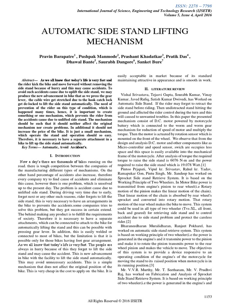 Automatic Side Stand Retrival System | PDF | Motorcycle | Lever